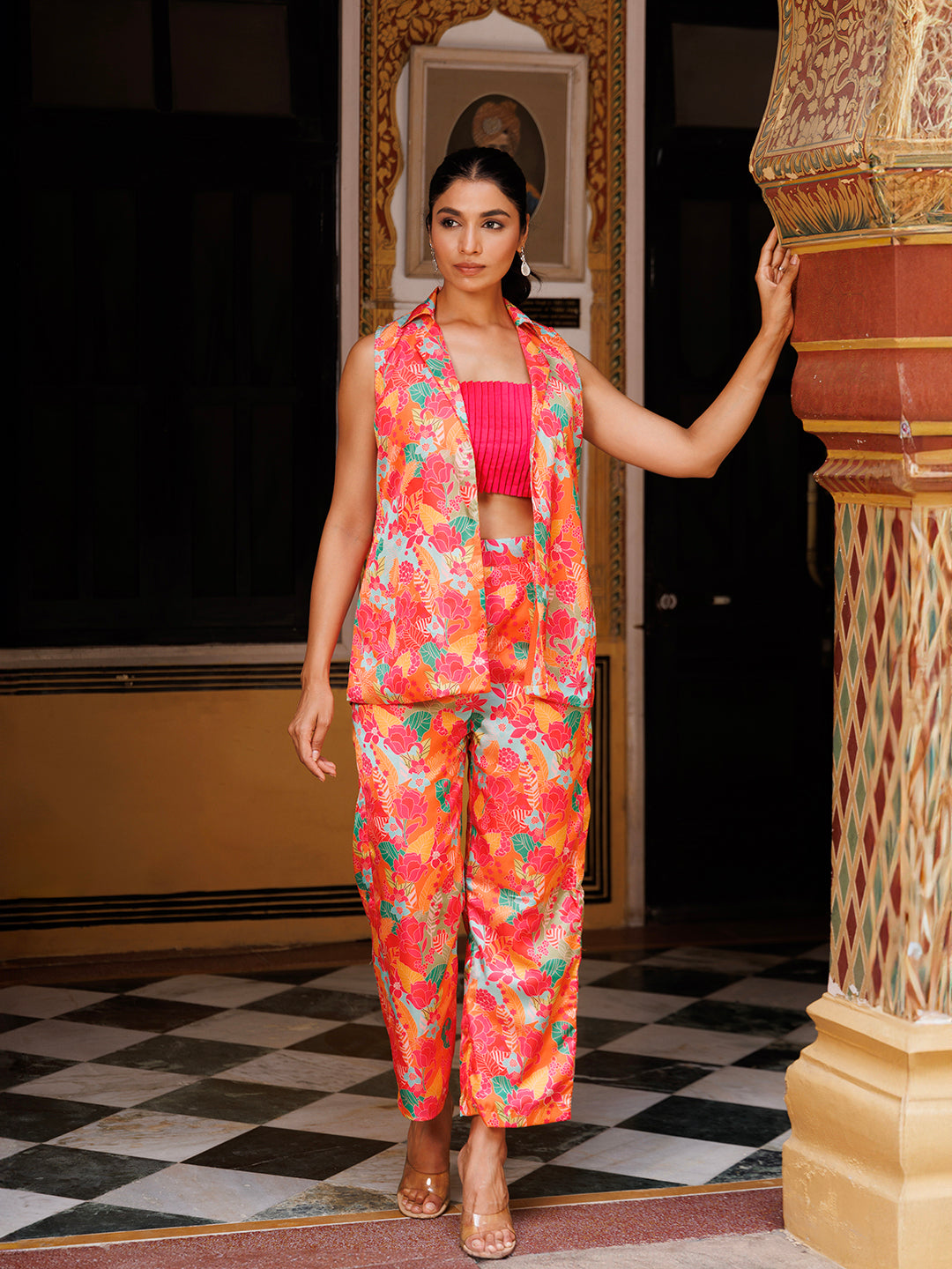 Peach Echo Pink Silk Co-Ord Set - Floral Festive Partywear