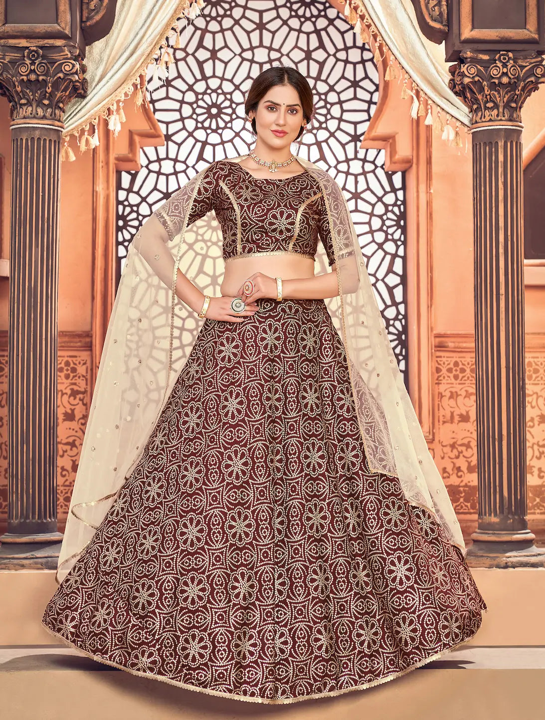 Dark Maroon Taffeta Silk Metalic Foil Work Lehenga Choli | Ready To ...