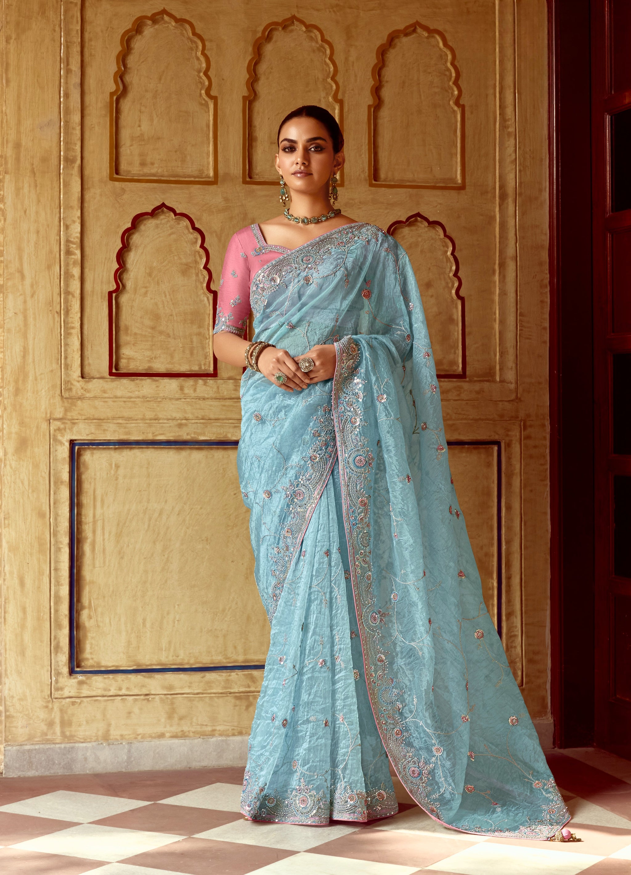 Blue Fancy Fabric Beautified With Sequins ,Dhaga ,Thread Embroidered W