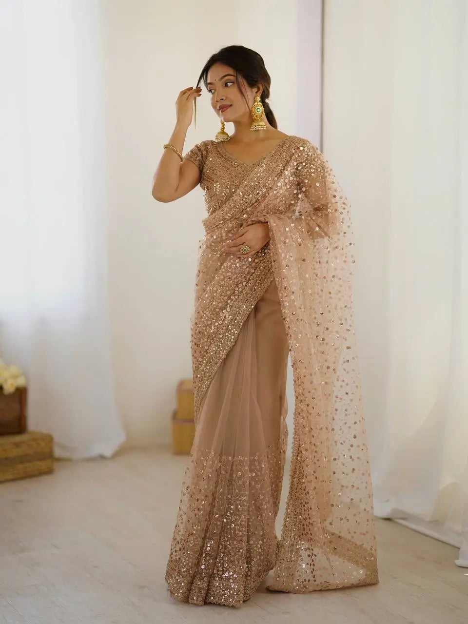 Golden Beige Net Saree With Sequins & Dori Work | qivii