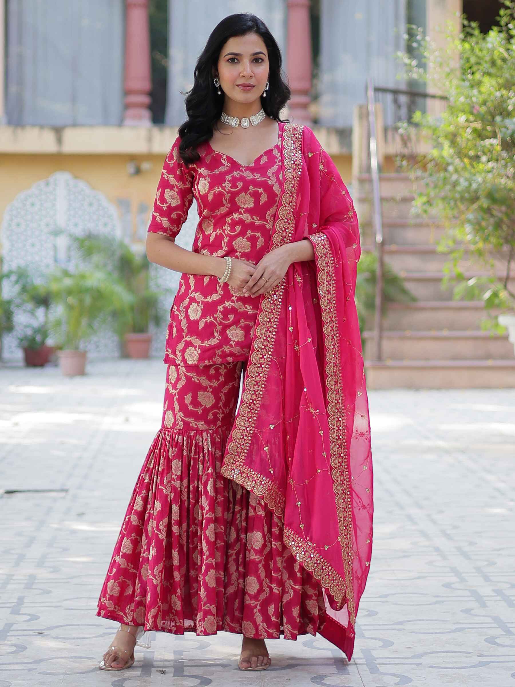 Incredible Pink Weaving Jacquard Festival Wear Sharara Suit | qivii