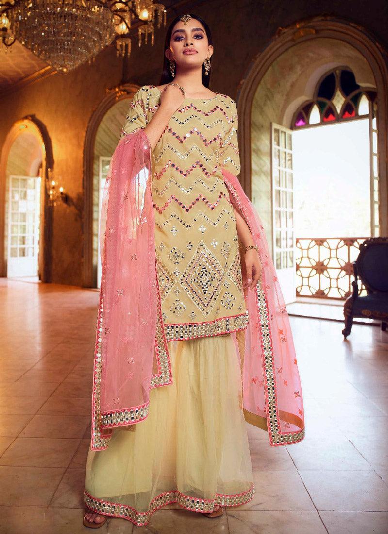 Cool Beige Color Organza Base Heavy Work Wedding Wear Sharara Suit | qivii